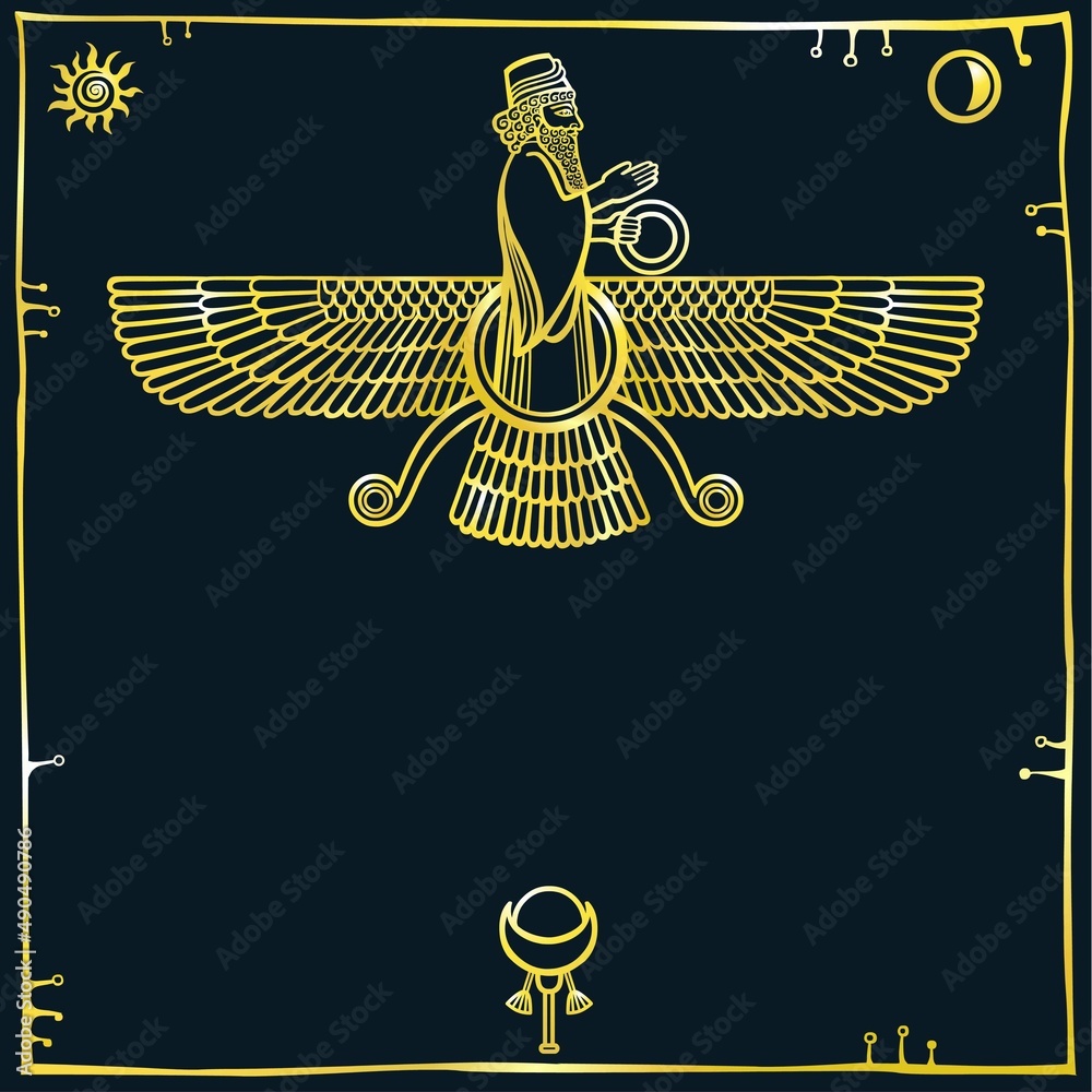 Vector illustration: Assyrian winged god. A place for the text. Space ...