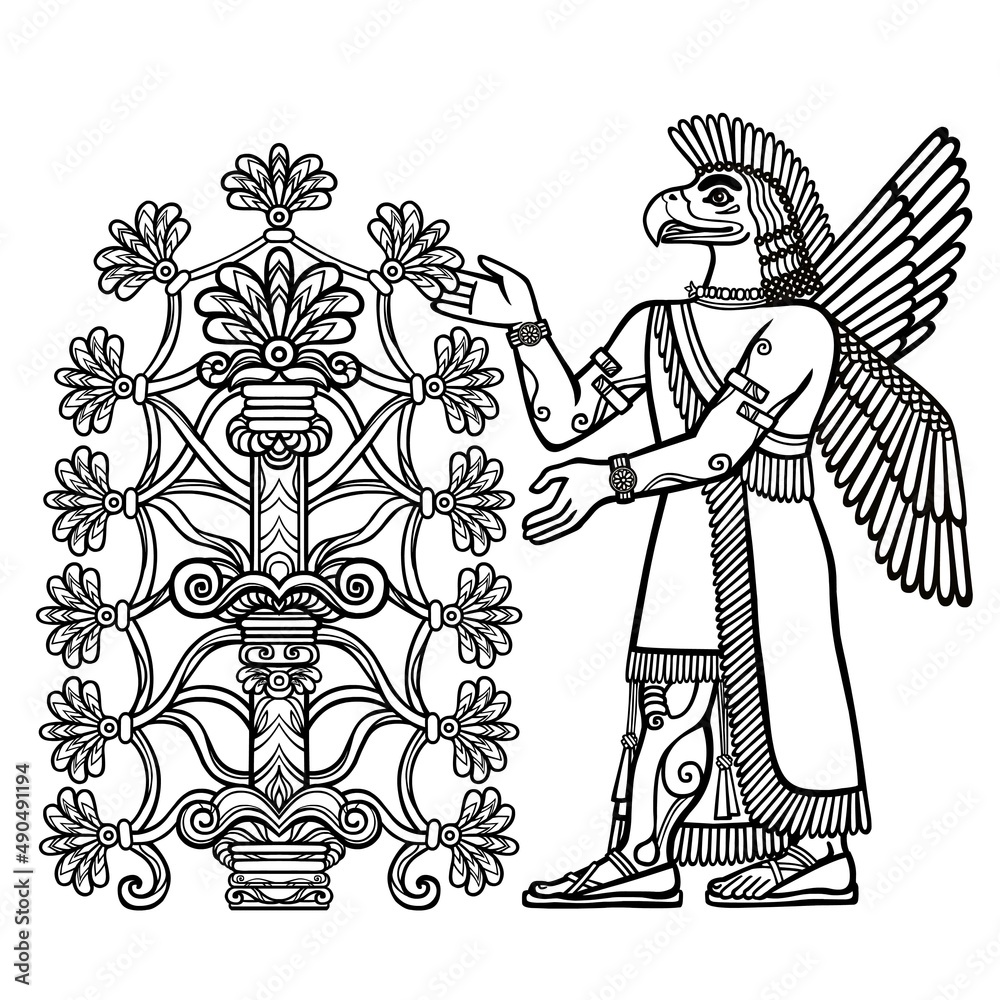 silhouette of the Assyrian deity collects fruits from a fantastic tree ...
