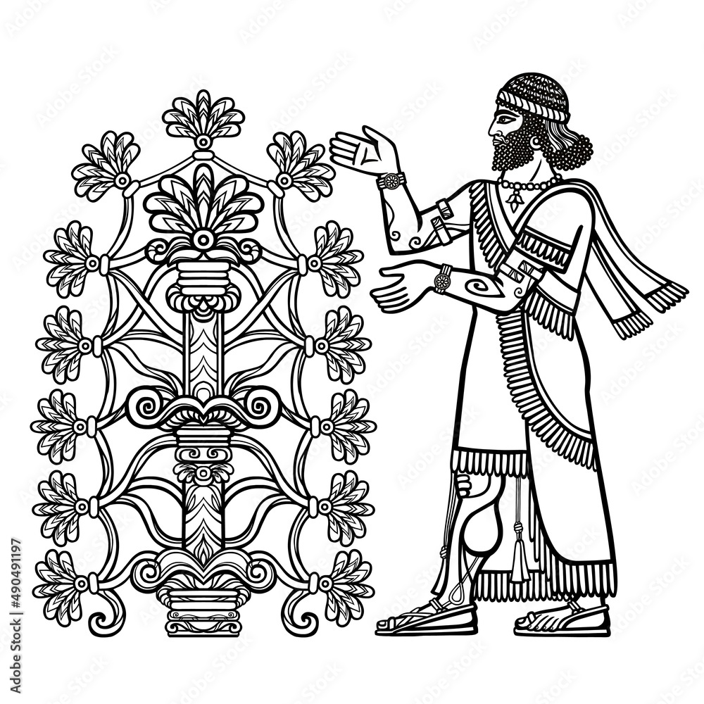 silhouette of Assyrian deity collects fruits from a fantastic tree ...