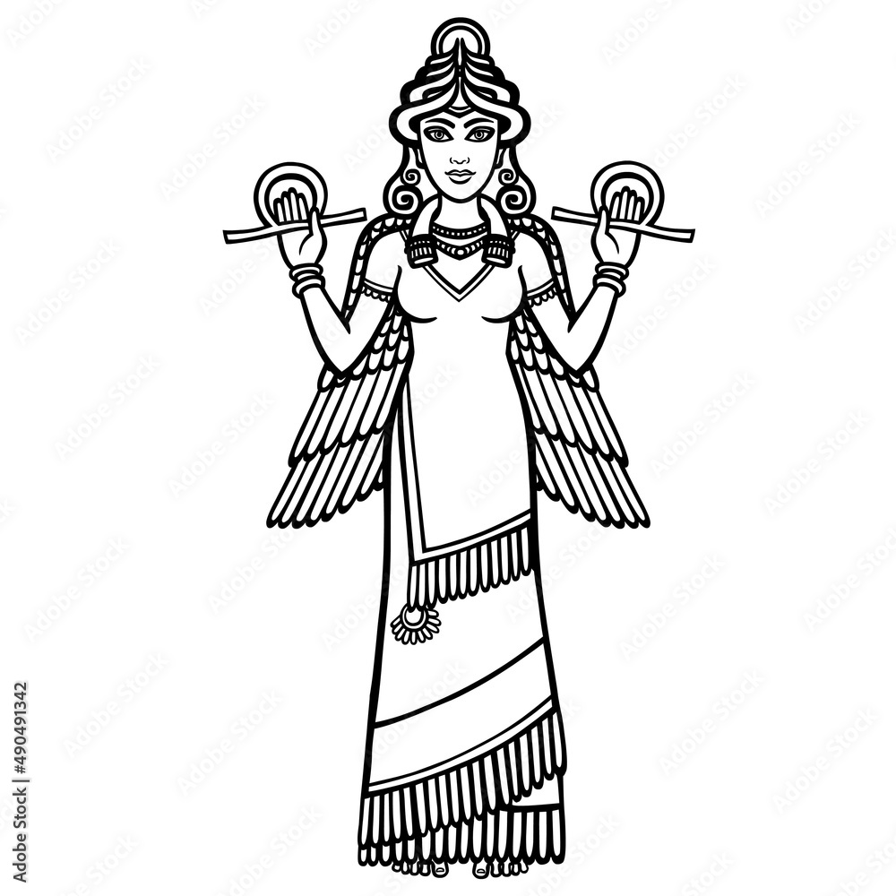 Vector illustration: the stylized goddess Ishtar. Character of Sumerian ...