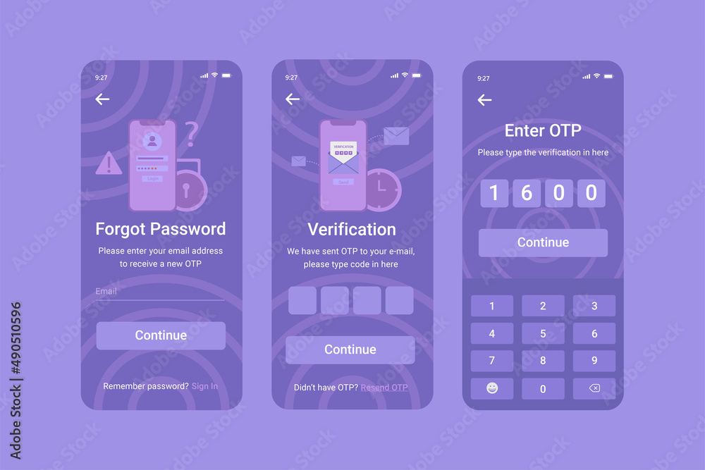 User Interface Screen Forget Password, Verification, OTP For Mobile App ...