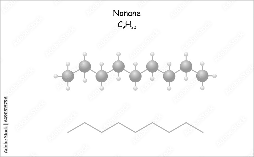 Stylized molecule model/structural formula of the hydrocarbon nonane ...