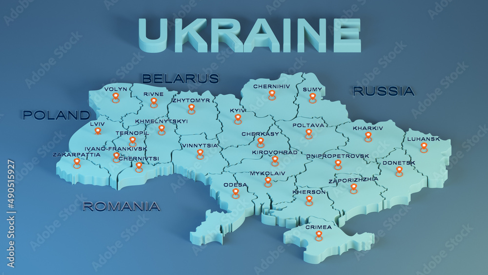 Ukraine map with state names orthographic view 3d Stock Illustration ...