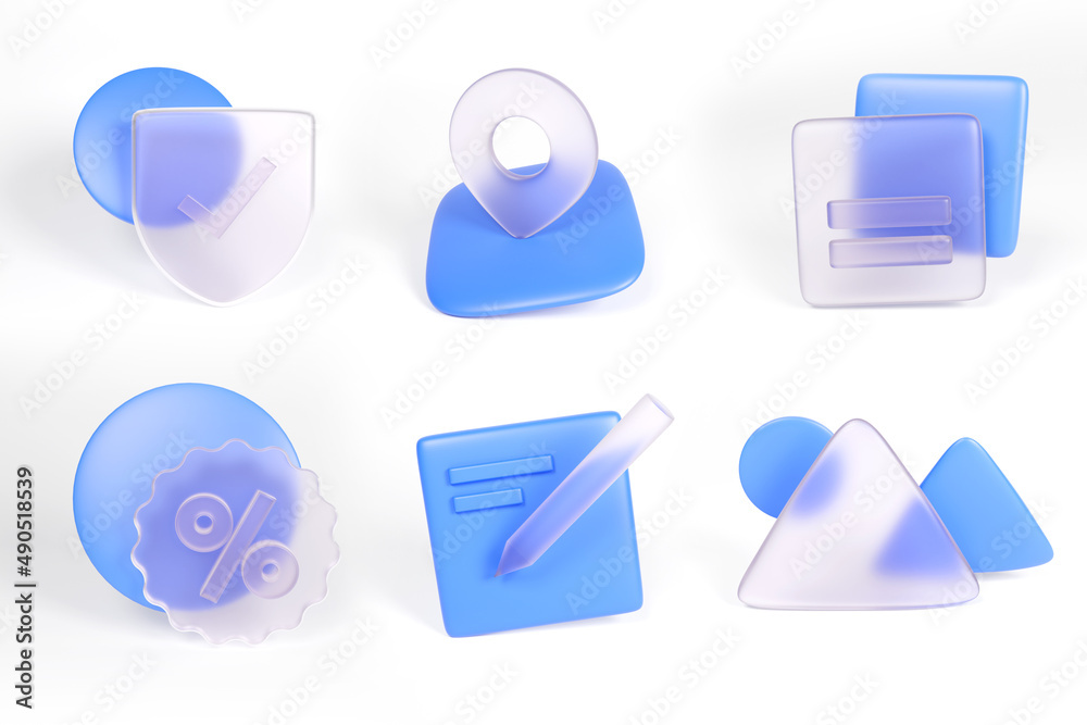 Poster set collection 3D icon illustration glassmorphism blue render ...