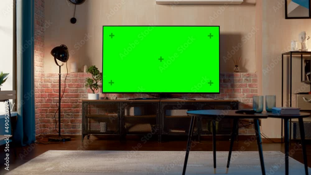 Stylish Loft Apartment Interior with TV Set with Green Screen Mock Up ...