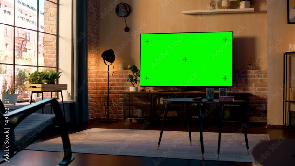 Stylish Loft Apartment Interior with TV Set with Green Screen Mock Up ...