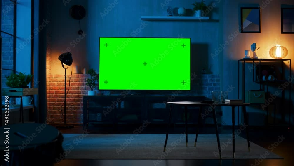 Stylish Loft Apartment Interior with TV Set with Green Screen Mock Up ...