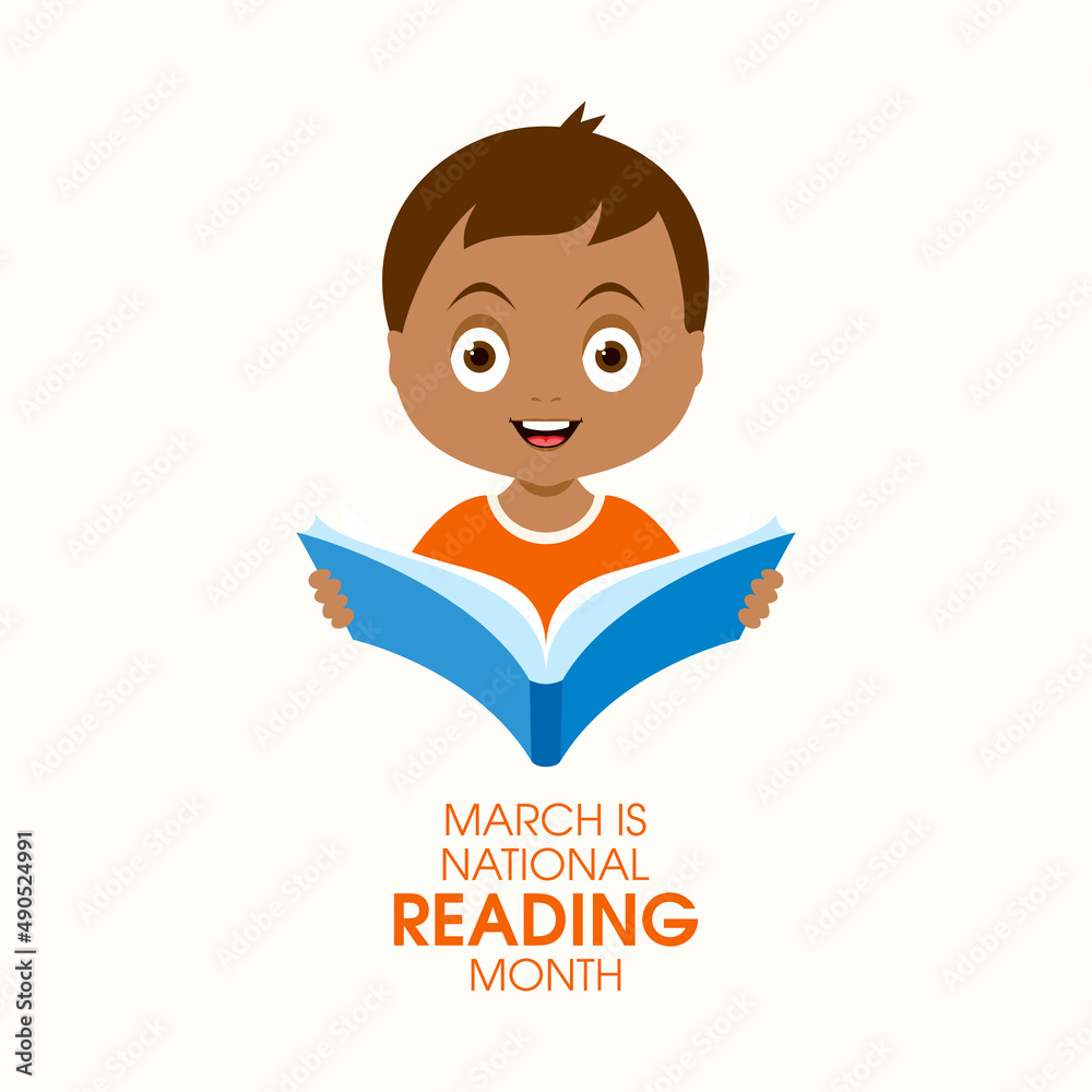 March Is National Reading Month vector. Cheerful little boy reading a ...