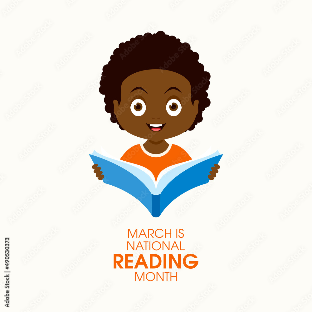 March Is National Reading Month vector. Cheerful little african ...