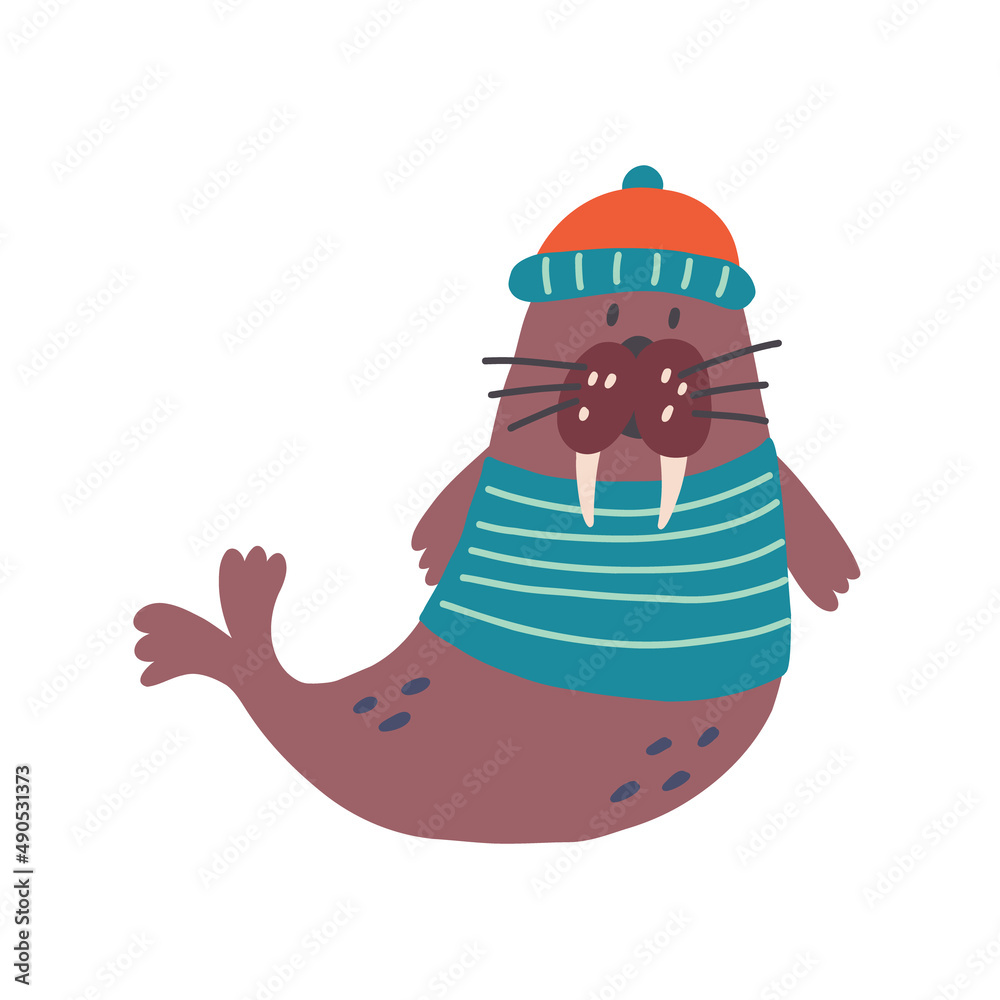 Walrus sailor pirate animal. Doodle illustration sea ocean marine ...