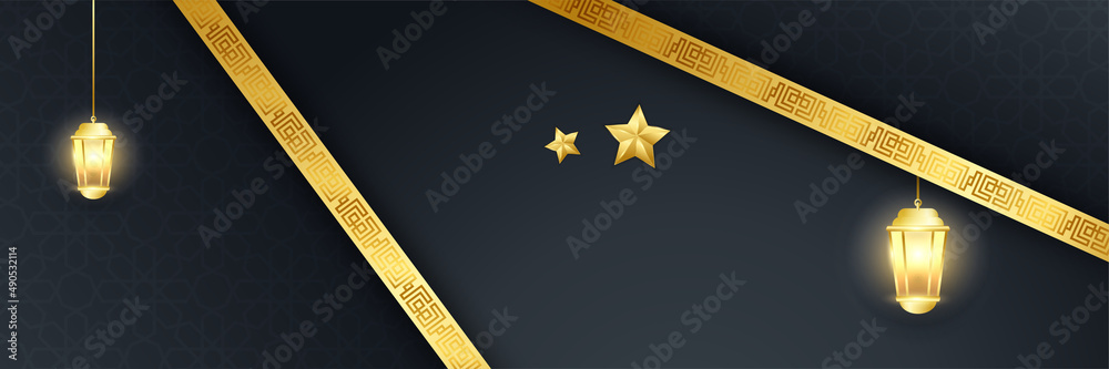 Premium Ramadhan black and gold colorful wide banner design background ...