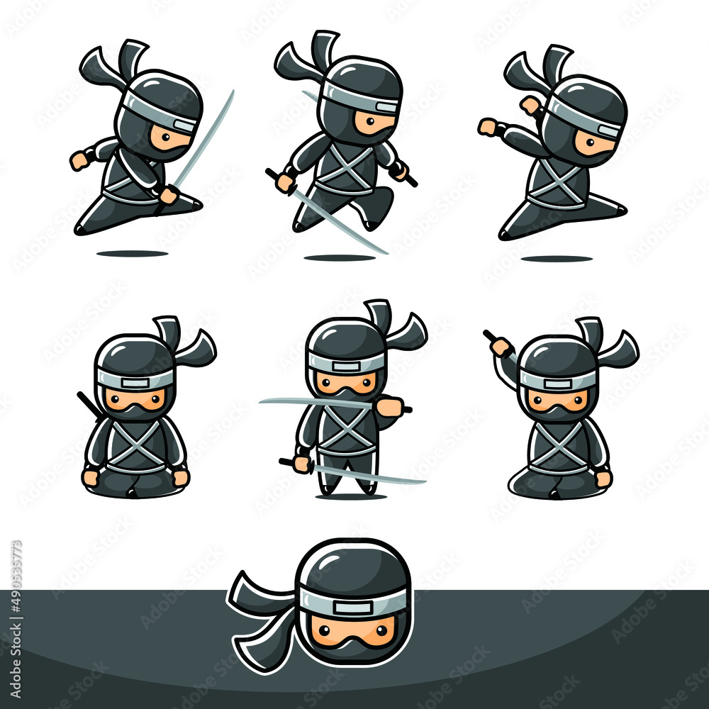 Cartoon black little ninja set Stock Vector | Adobe Stock