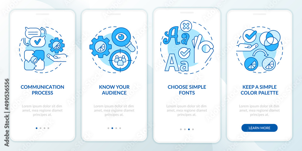 Graphic design rules blue onboarding mobile app screen. Visual content ...
