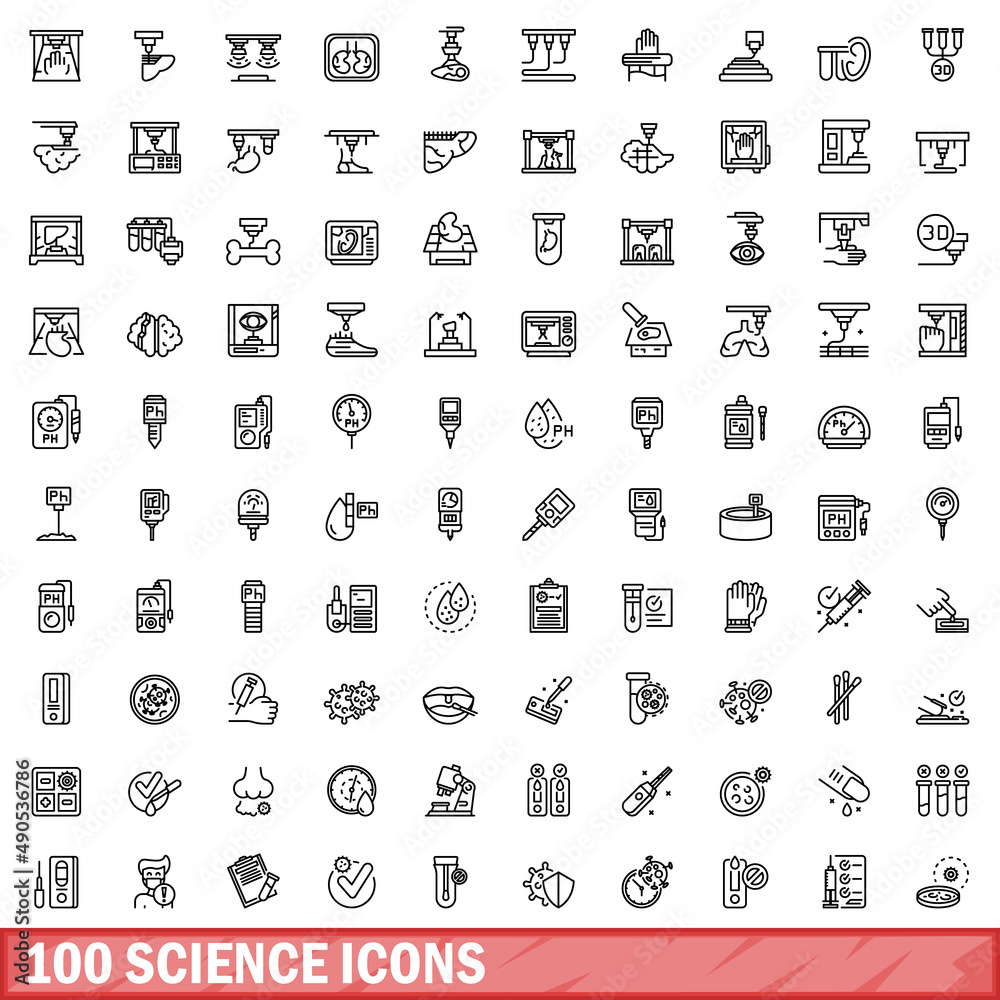 100 science icons set. Outline illustration of 100 science icons vector ...