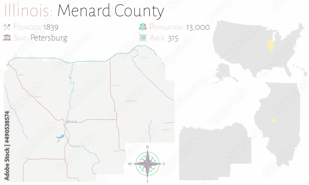 Large and detailed map of Menard county in Illinois, USA. Stock Vector ...
