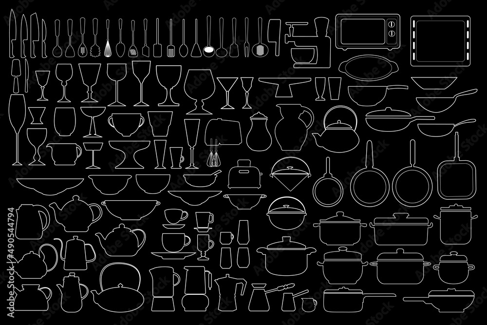 Set of kitchen utensils on a black background. Outline stroke. Stock ...