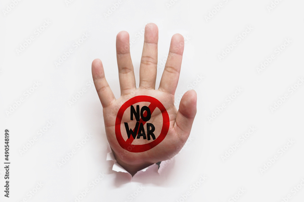 No War Please. Hands and symbols indicate no need for war on white paper Stock-Foto | Adobe Stock