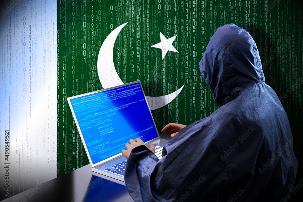 Anonymous hooded hacker, flag of Pakistan, binary code - cyber attack concept Stock Illustration ...