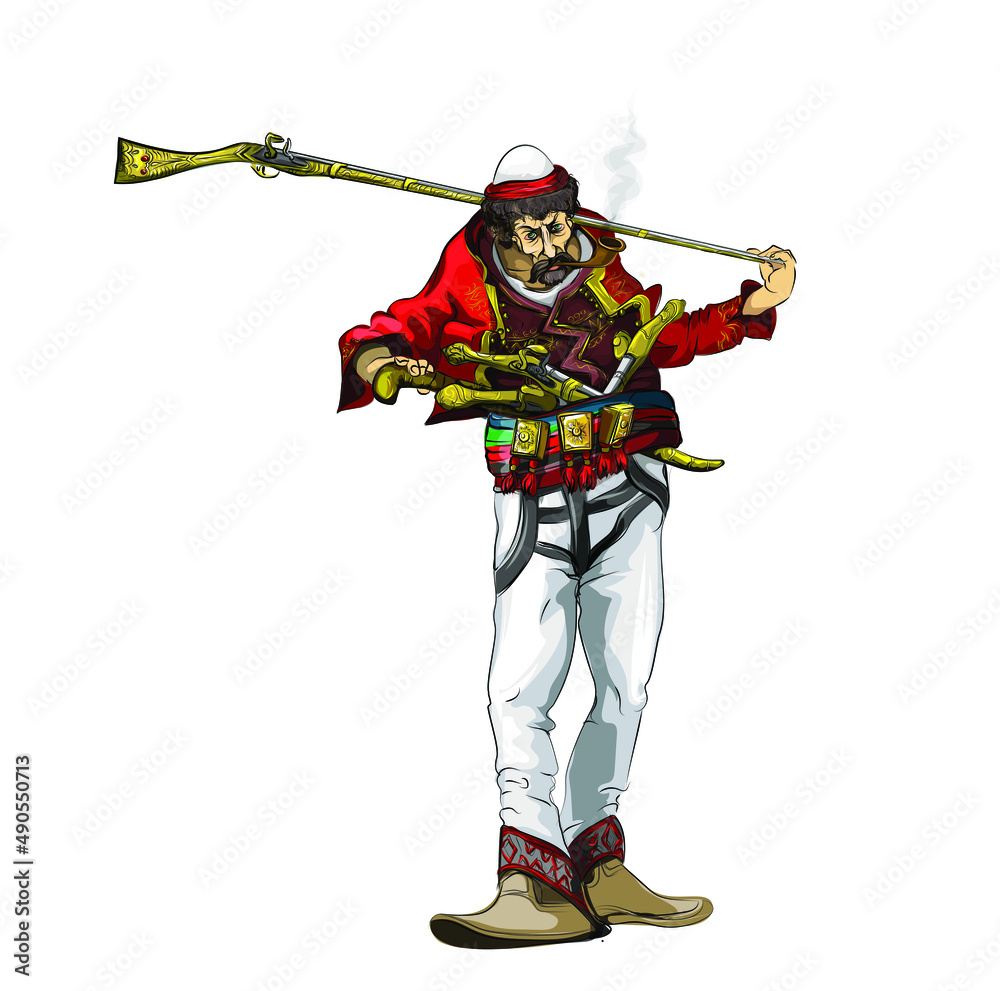 Medieval Albanian warrior, with traditional dress and guns Stock Vector ...