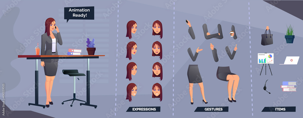 Character Set For Animation with Emotions And Poses Woman Wearing Gray ...