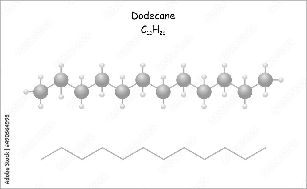 Stylized molecule model/structural formula of the hydrocarbon dodecane ...