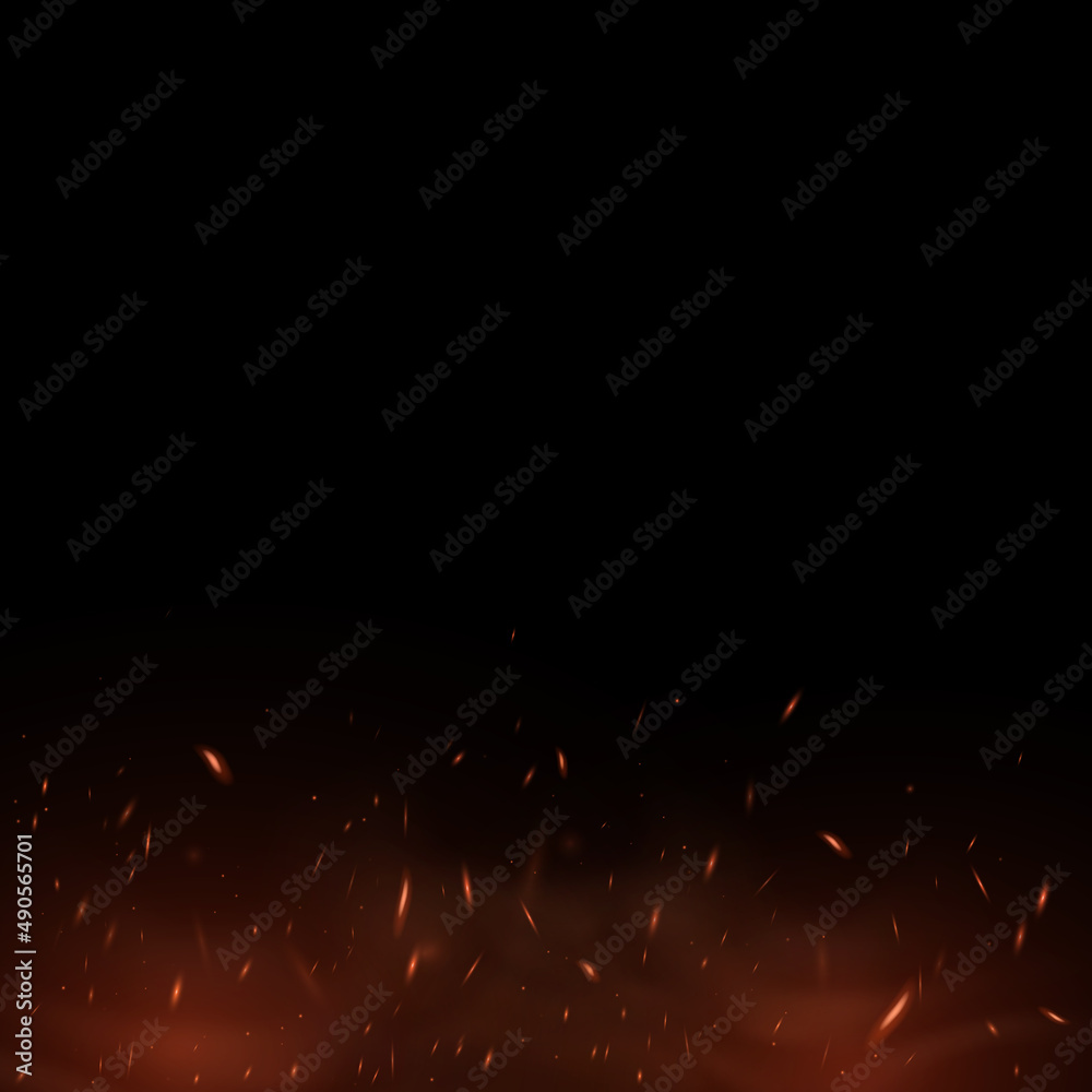 Realistic fire effect isolated on black background. Flame with sparks ...