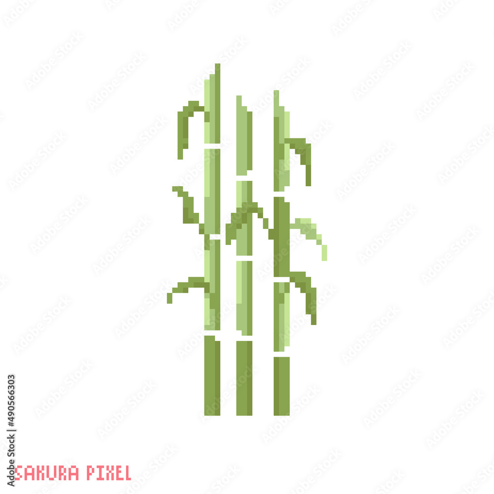 Pixel art bamboo icon. Vector 8 bit style illustration of young bamboo stalks. set of three ...