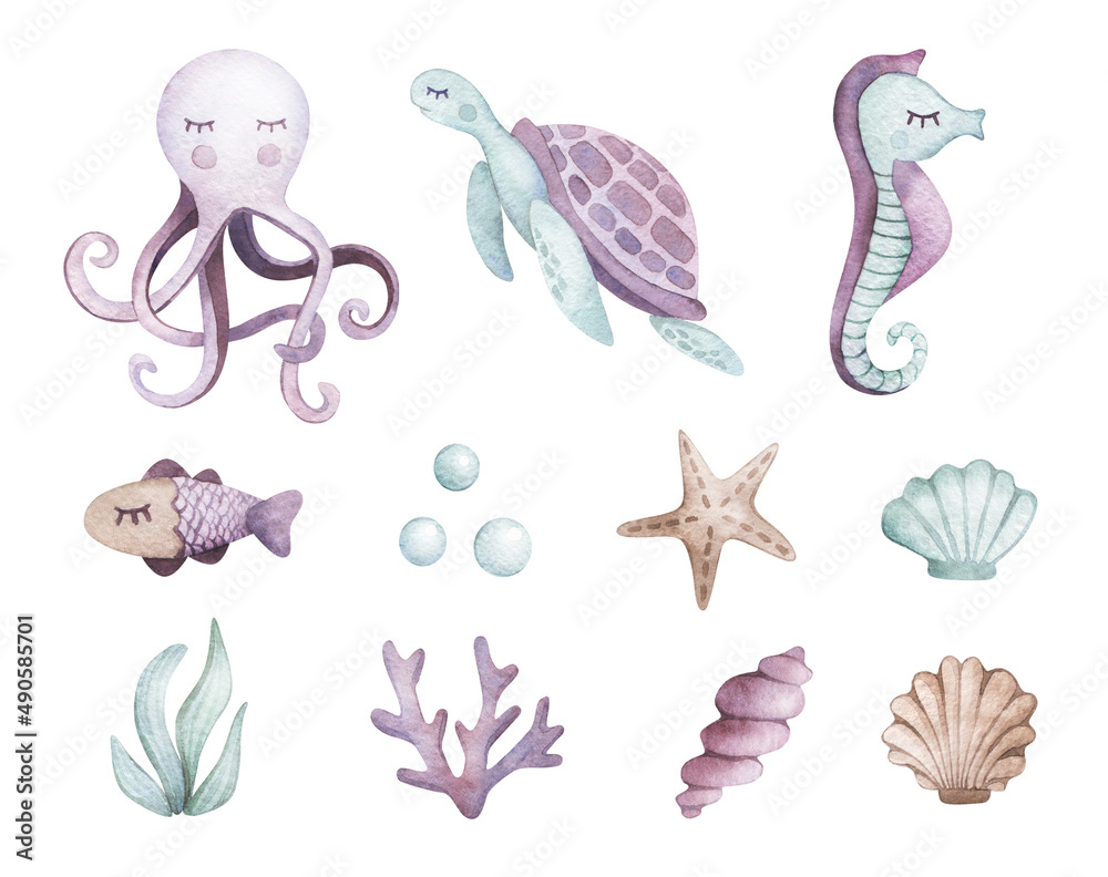 Sea animals set. Blue watercolor ocean fish and coral. Shell aquarium ...
