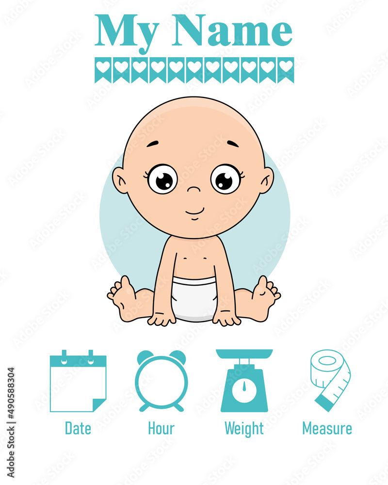Cute boy with balloon. Baby birth print. Baby data template at birth ...