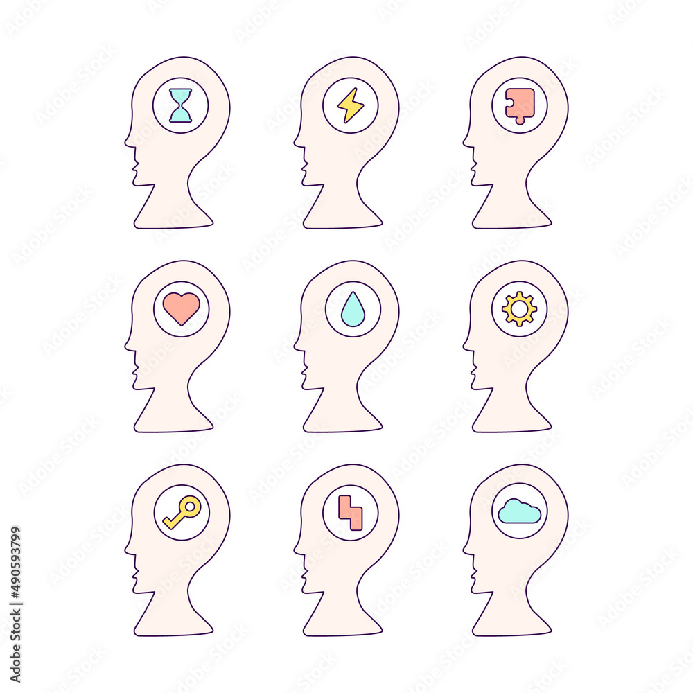 Head profiles with various emotions inside. Pensive, excited, puzzled ...