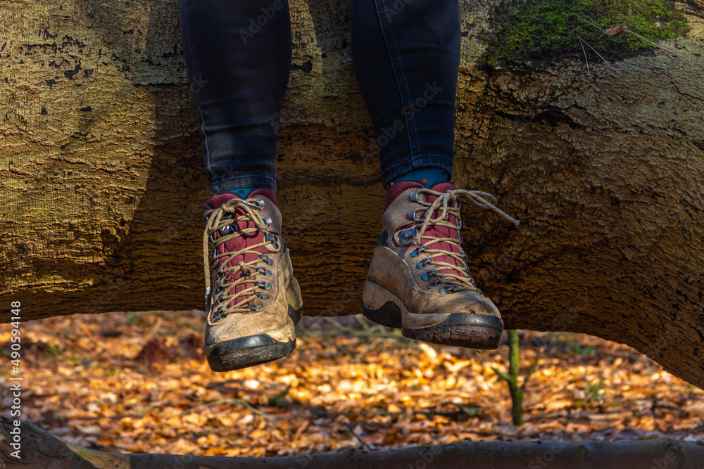 Hiking shoes isolated, hiker sitting on a log in the forest with feet ...