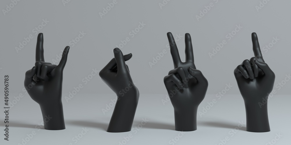 3D illustration of hand models with different gestures: horn sign ...