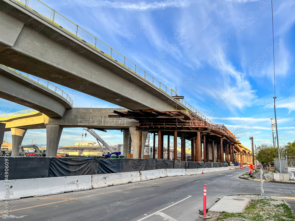 Bracing and support in place for a overhead freeway construction project Stock Photo | Adobe Stock