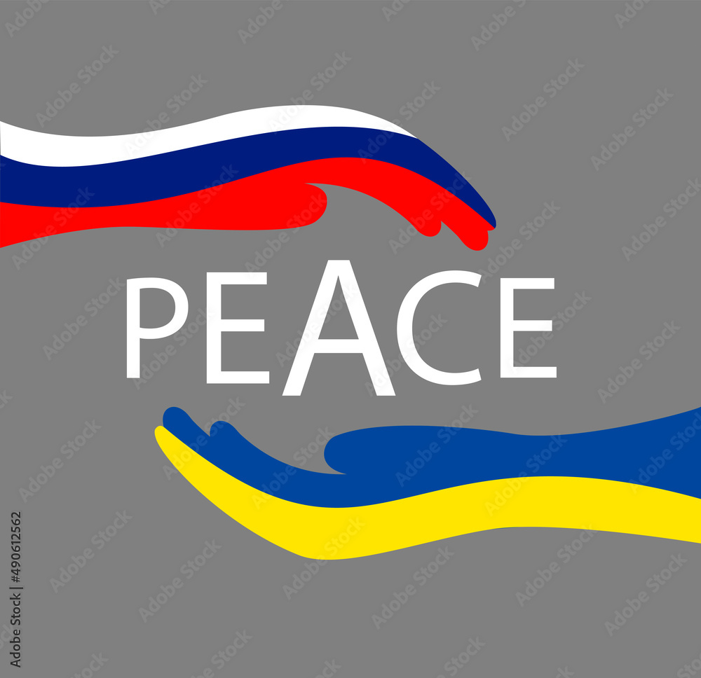 Hands in the colors of the flags of Ukraine and Russia hold the word ...