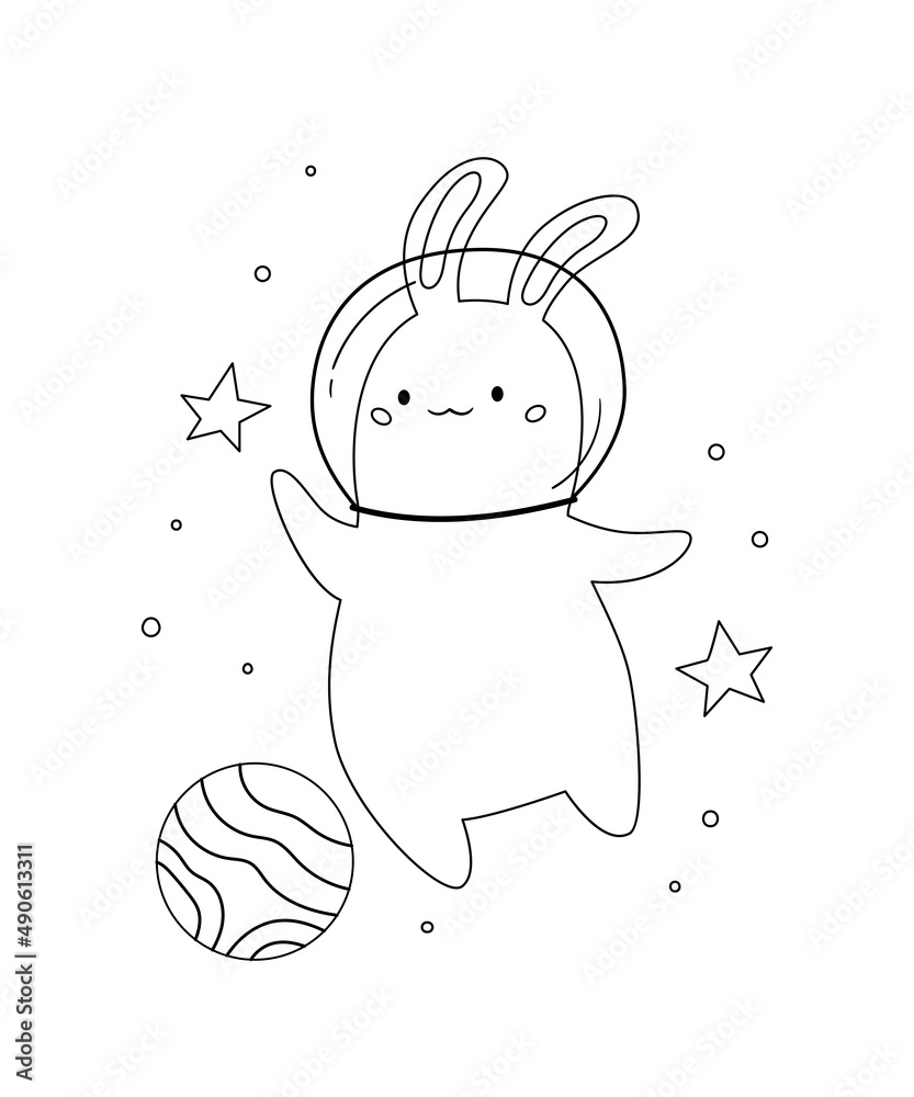 Cute space rabbit, stars and planet. Kawaii cartoon bunny. Black and ...