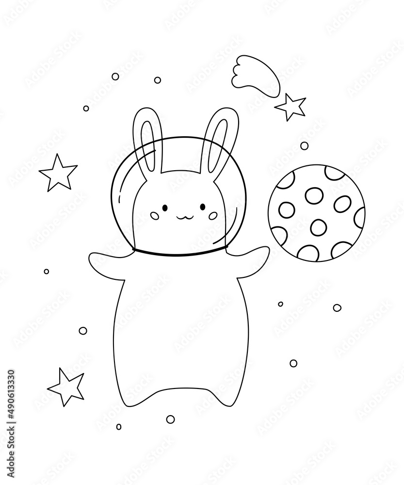 Coloring page with cute space bunny, moon and falling star. Doodle ...