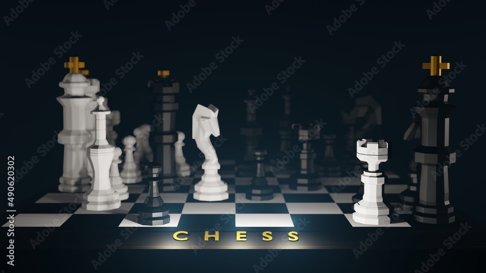 3D rendered illustration. View of low poly chess. White on the left ...