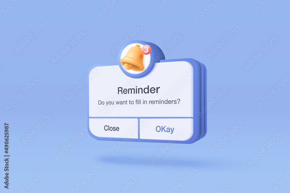 3D reminder in calendar on blue background. notifications page with ...