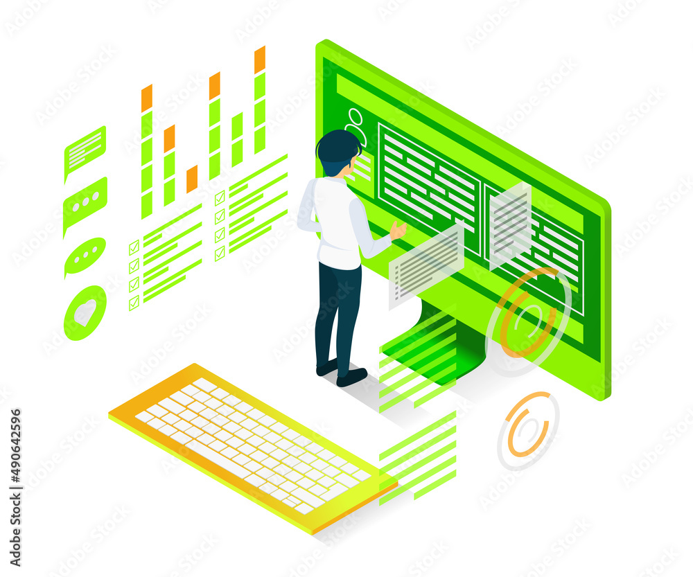 Isometric style illustration of programmer coding analysis with ...
