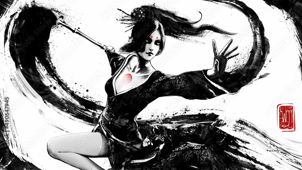 A young Japanese female calligrapher is flying through the air with a ...