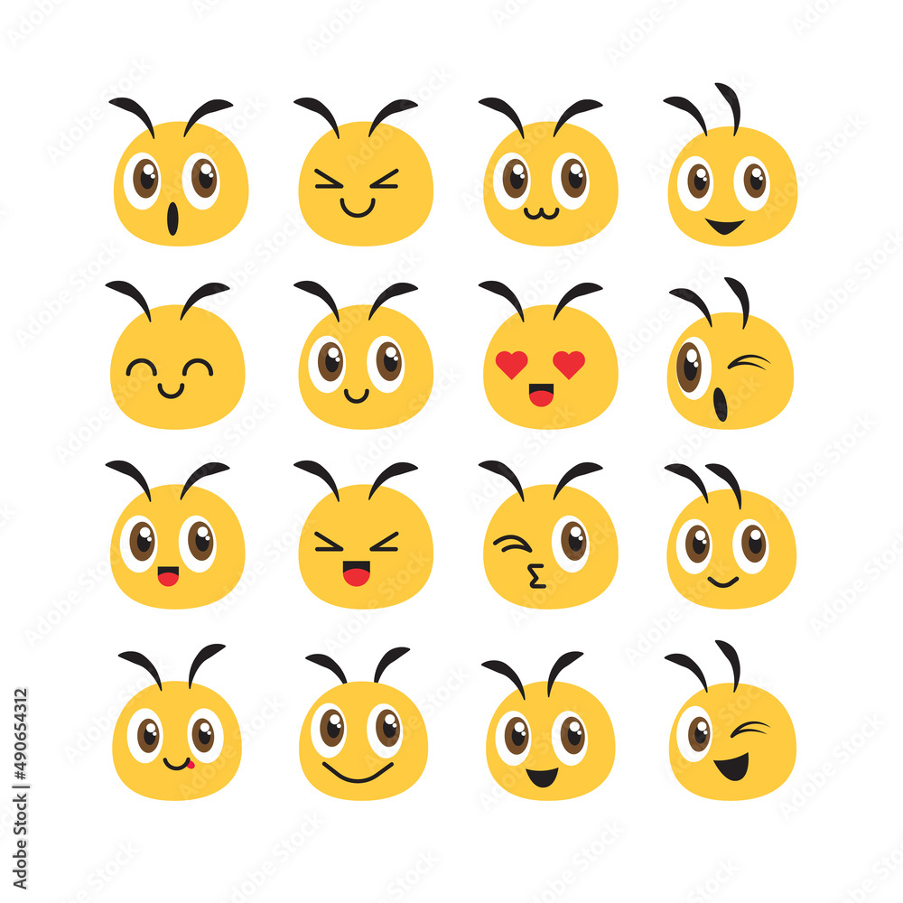 Flat deisgn cartoon cute bee head emoji set for farm or healthy natural ...