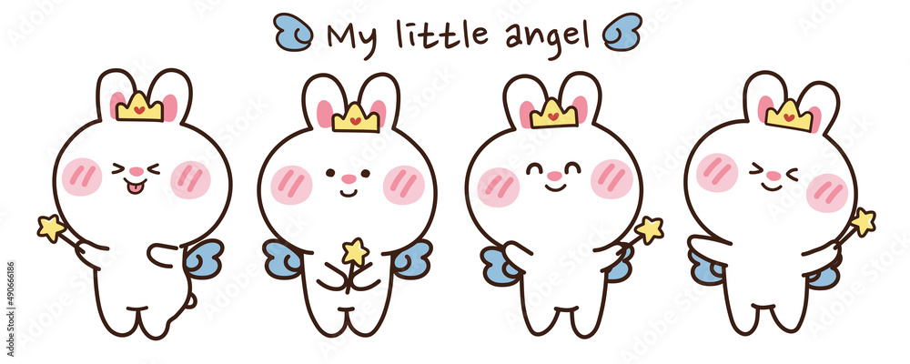 Little angel rabbit in various poses hand drawn banner set.Cute cartoon ...