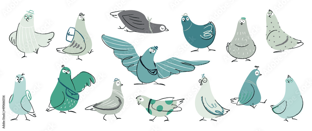 Set of cute pigeon vector. Lovely bird and friendly pigeon doodle ...