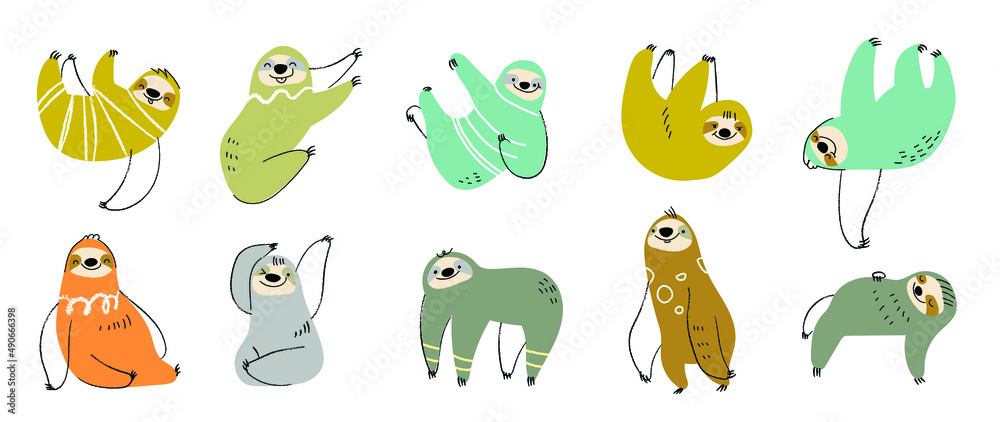 Set of cute sloth vector. Lovely wildlife and friendly sloth doodle ...