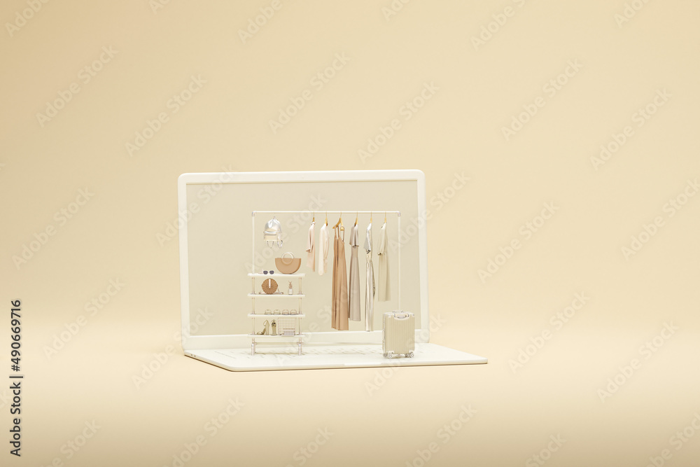 The concept of online women shopping on social media app. 3d laptop ...