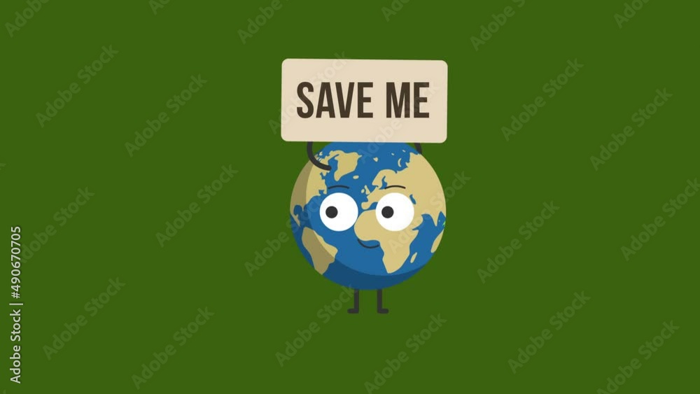 earth holds sign with word save me. green background. Loop animation ...