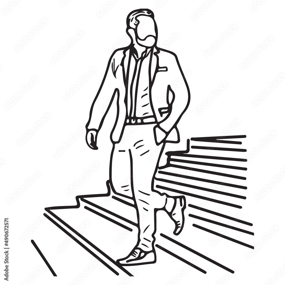 Line art Illustration, Man coming down from stairs, Man walking outline ...