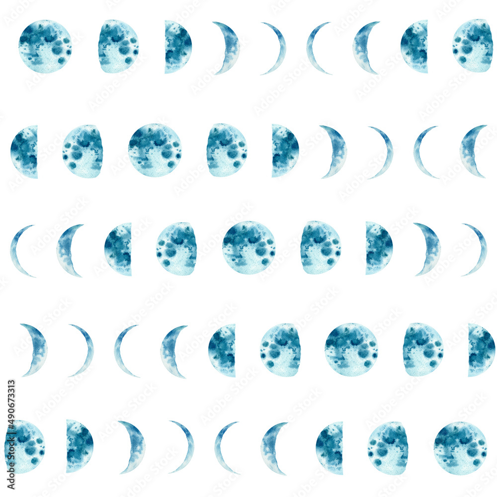 Watercolor moon phases pattern. Hand painted various phases isolated on ...