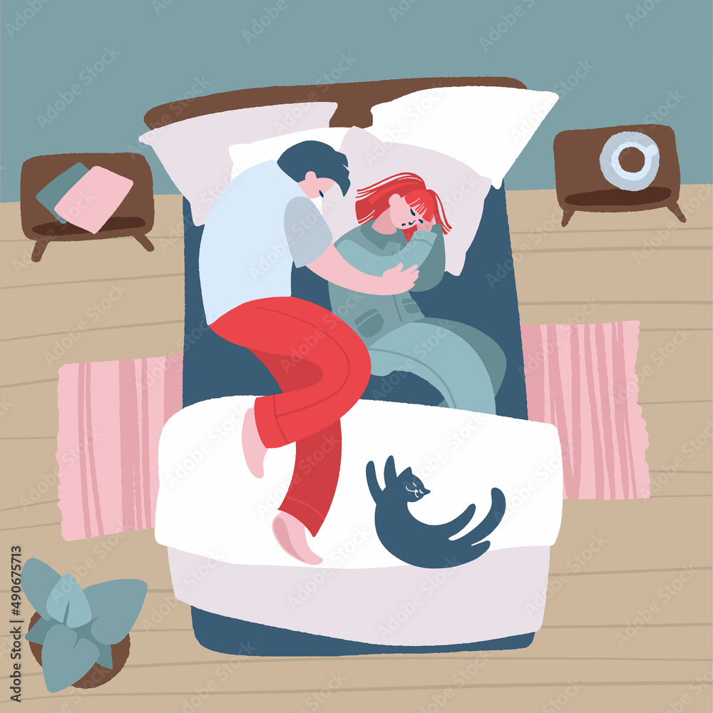 Cute young couple lying in bed and cuddling. Stock Vector | Adobe Stock