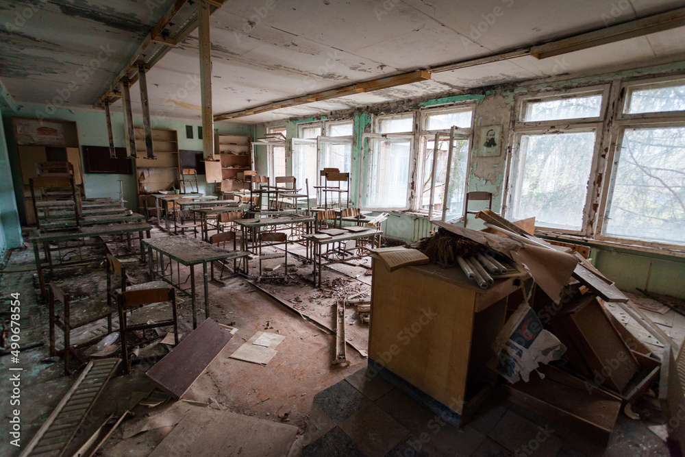 Interior of a destroyed school classroom in a school in the city of ...